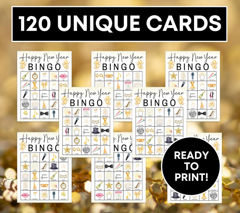 120 New Years Bingo Cards Printable Game, New Years Eve Bingo Boards ...