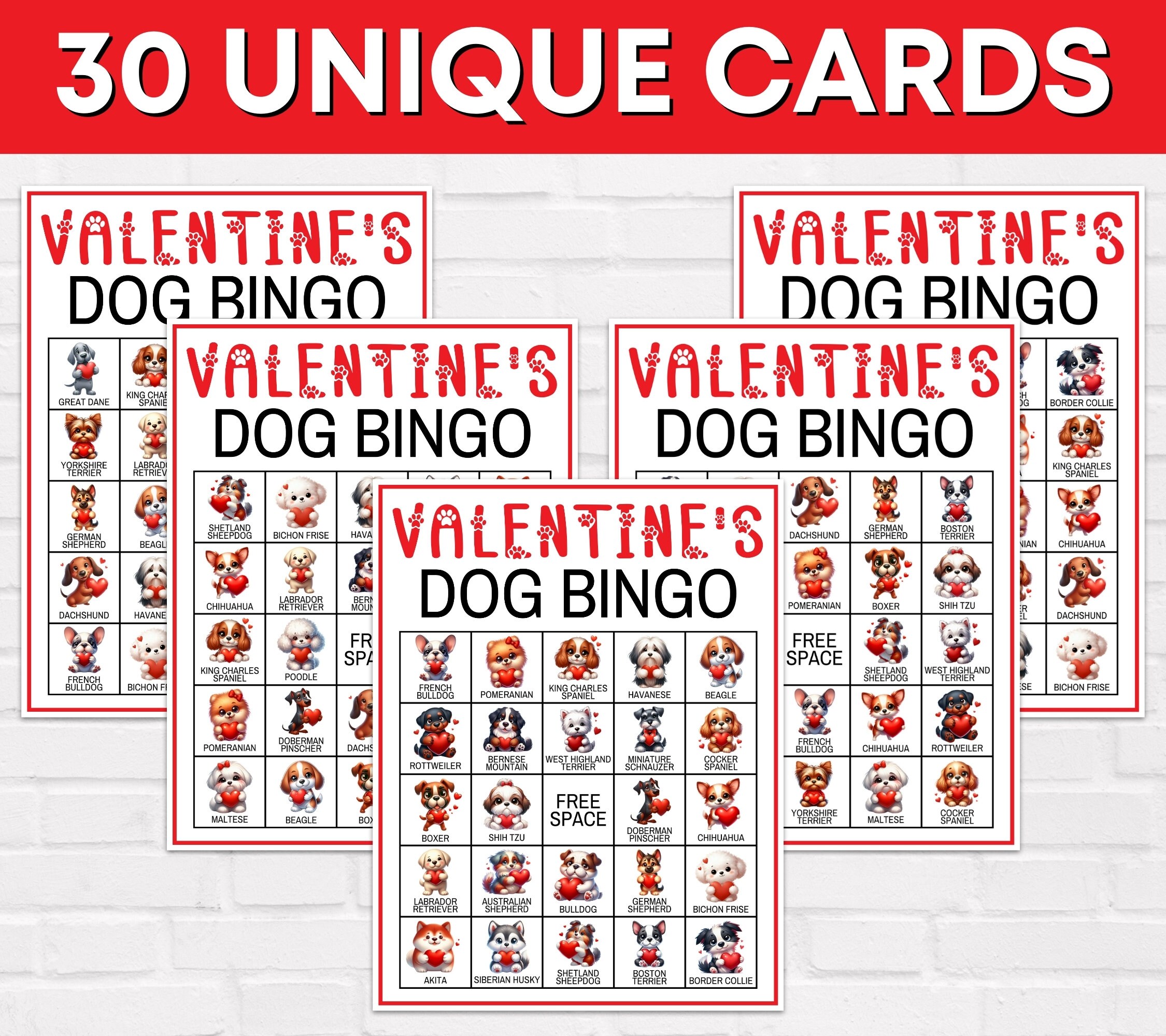 30 Valentines Dog Bingo Cards Printable Game, Valentines Dog Breeds ...
