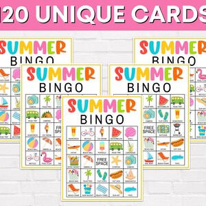 120 Summer Bingo Cards Printable Game, Summer Birthday Party Bingo Game ...