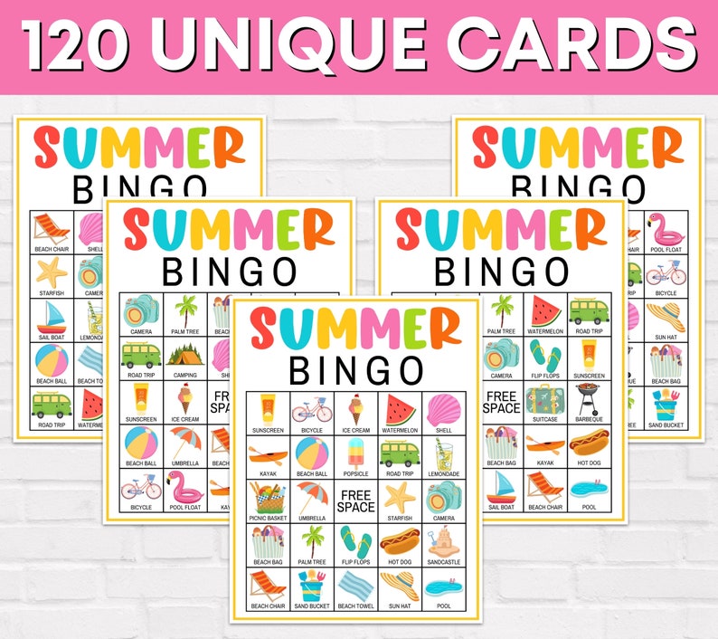 120 Summer Bingo Cards Printable Game, Summer Birthday Party Bingo Game ...