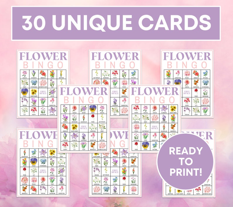30 Flower Bingo Cards Printable Game, Floral Spring Bingo Boards Kids ...