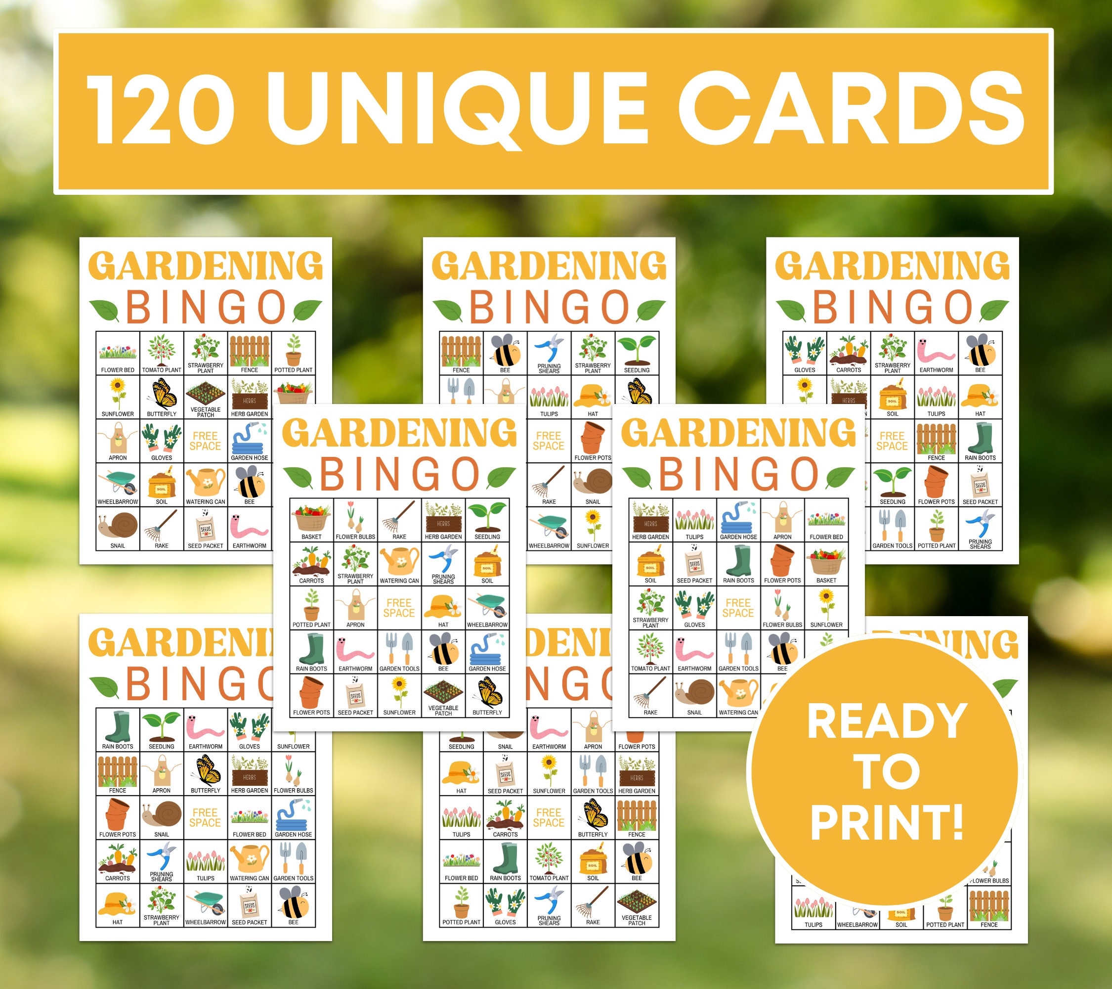 120 Gardening Bingo Cards Printable Game, Gardening Club Bingo Activity ...