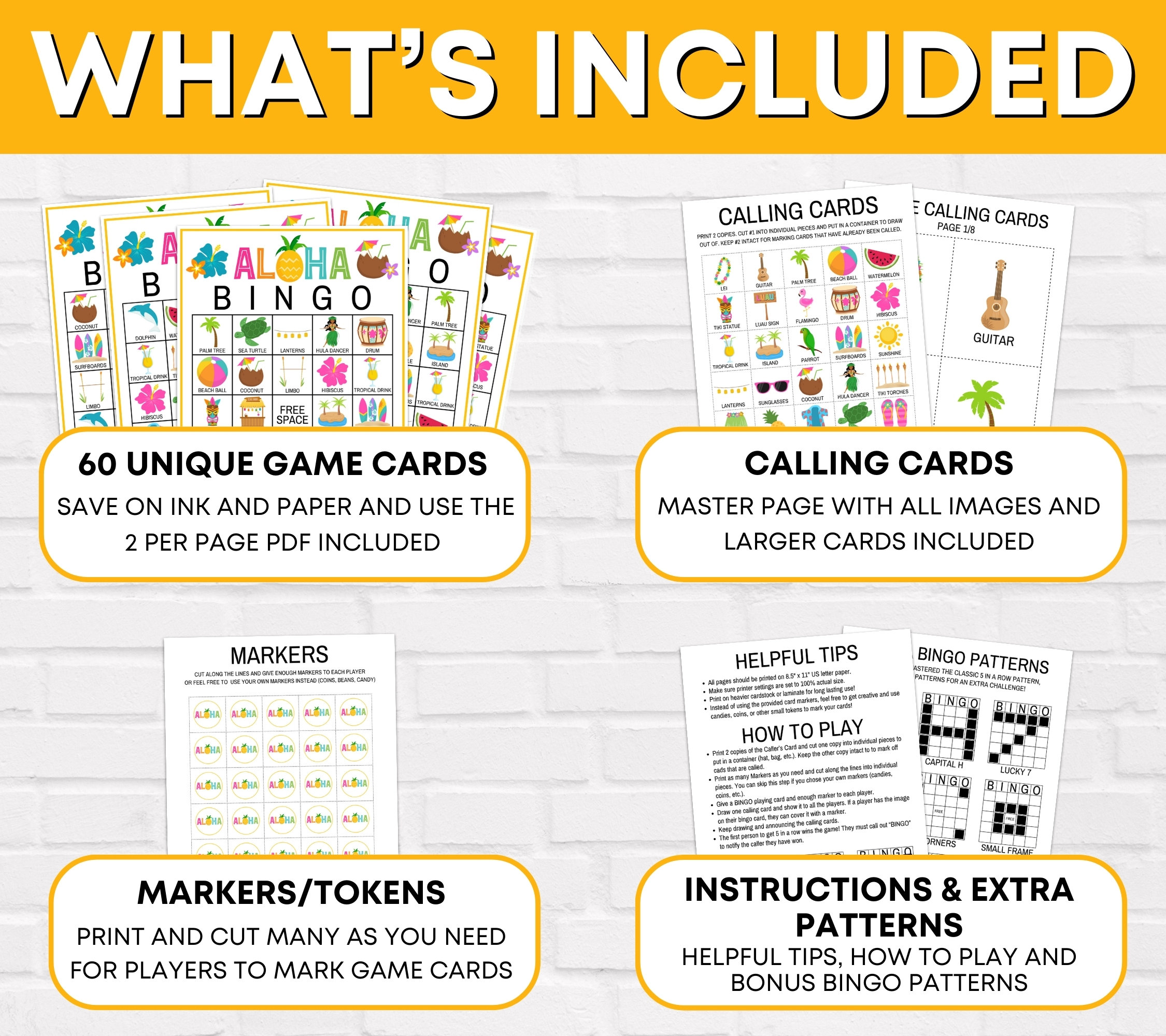 60 Aloha Bingo Cards Printable Game, Luau Hawaiian Birthday Party Bingo ...