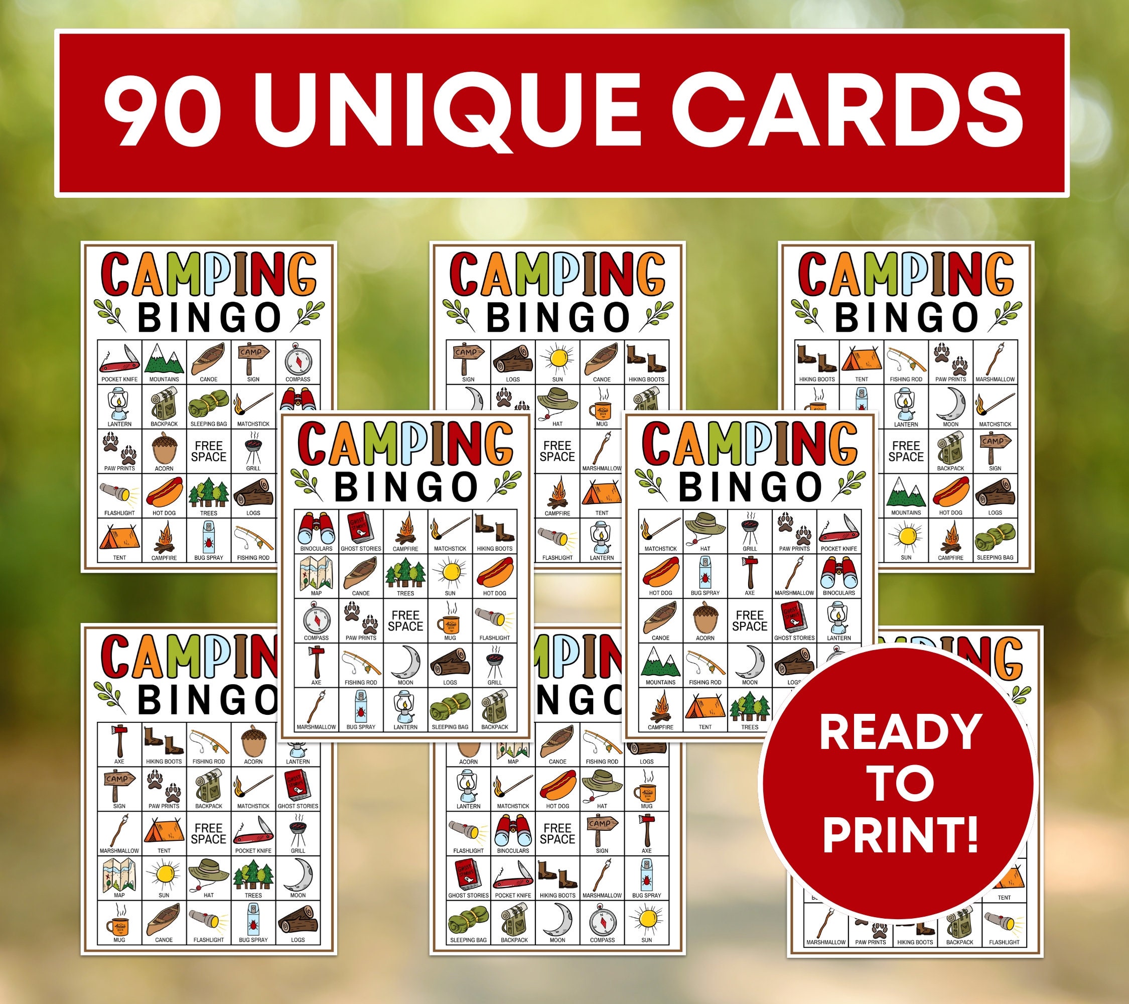 90 Camping Bingo Cards Printable Game, Camping Party Bingo Game ...