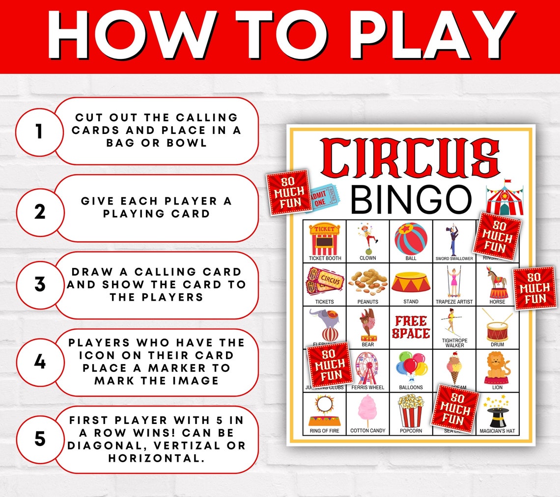 30 Circus Bingo Cards Printable Game, Circus Party Bingo Game Boards ...