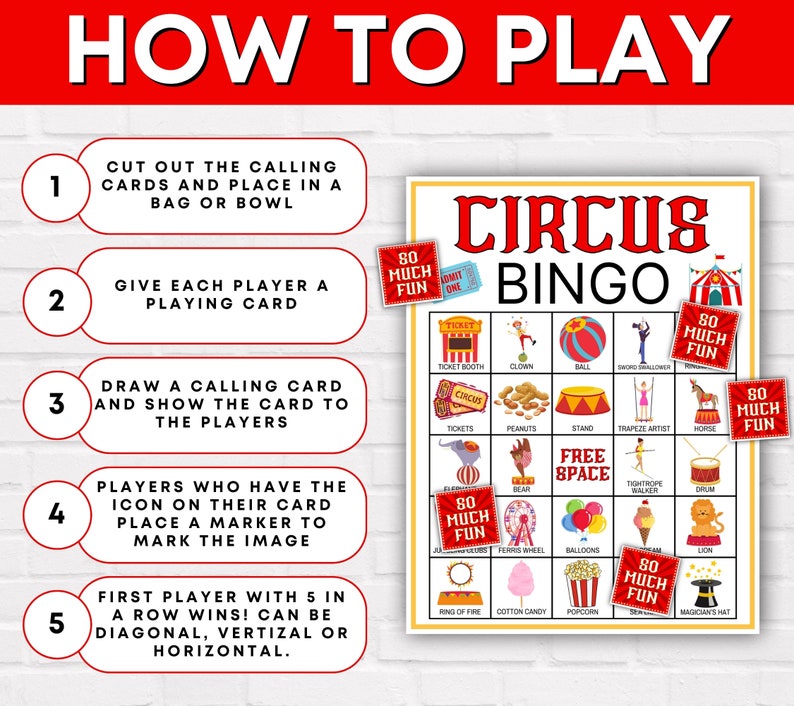 30 Circus Bingo Cards Printable Game, Circus Party Bingo Game Boards ...