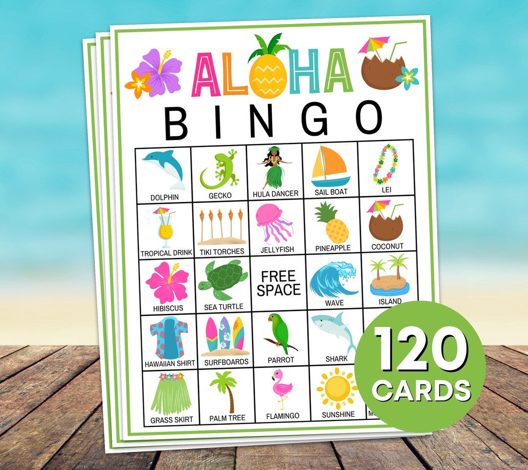 120 Aloha Bingo Cards Printable Game, Luau Hawaiian Birthday Party ...
