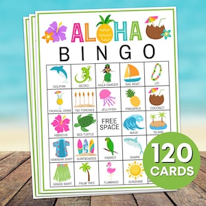 120 Aloha Bingo Cards Printable Game, Luau Hawaiian Birthday Party ...