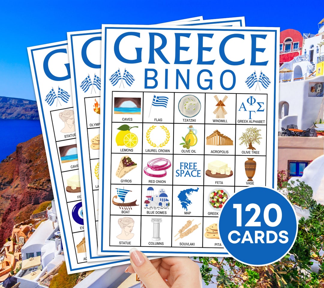 120 Greece Bingo Cards Printable Game, Greece Travel Bingo Boards Game ...