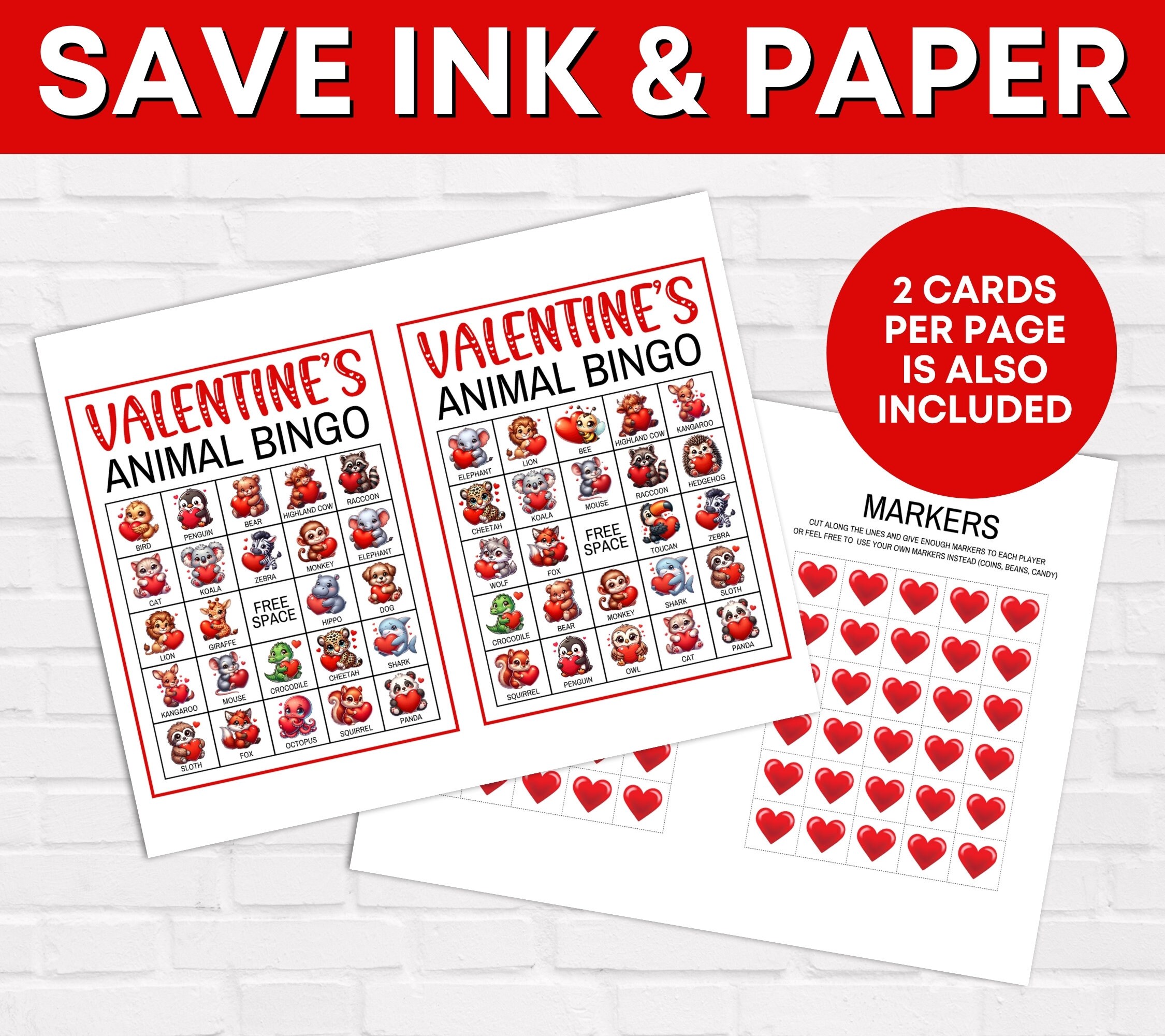30 Valentines Animal Bingo Cards Printable Game, Valentines Animal ...