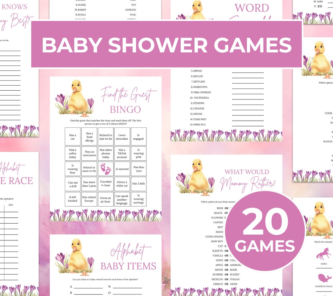 Floral Duckling Baby Shower Games Printable Bundle, Baby Ducks Purple ...