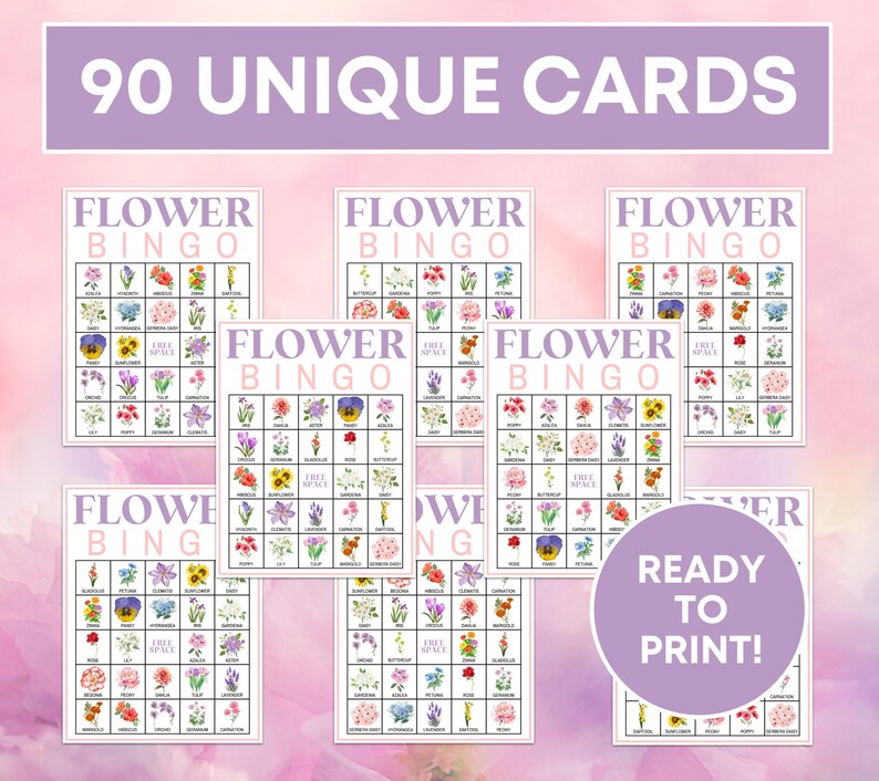 90 Flower Bingo Cards Printable Game, Floral Spring Bingo Boards Kids ...