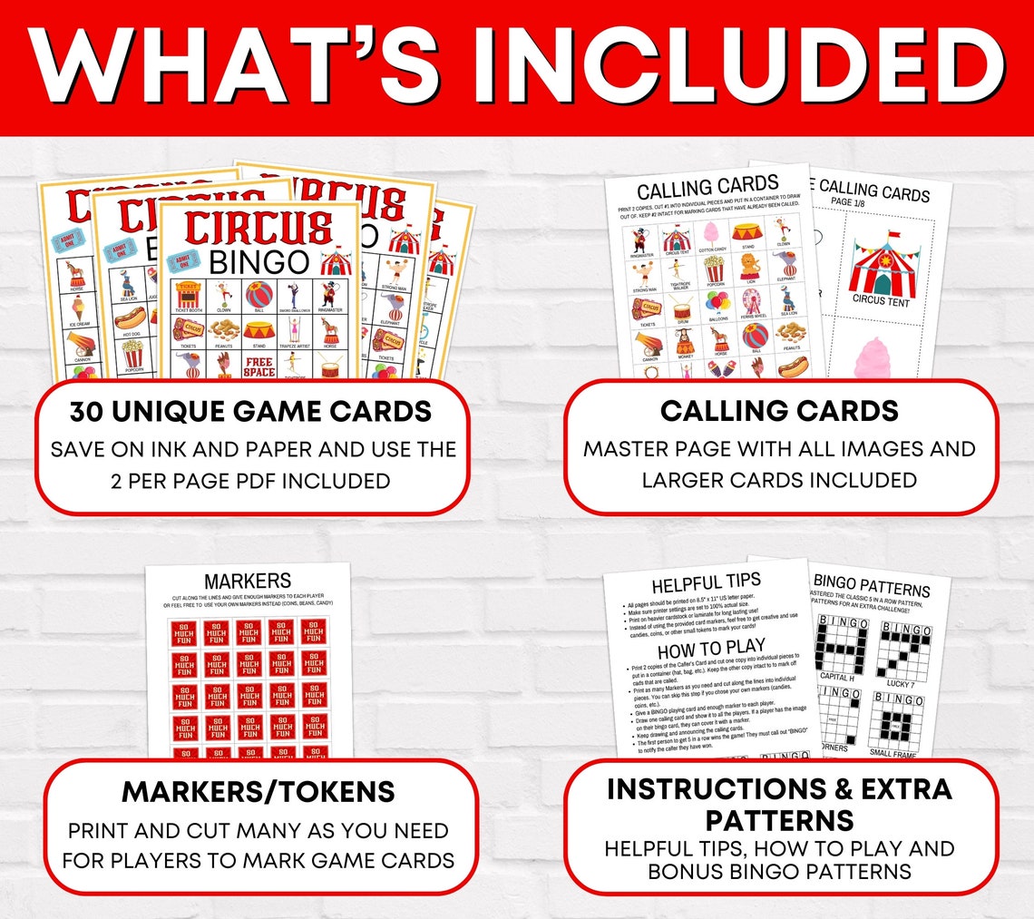 30 Circus Bingo Cards Printable Game, Circus Party Bingo Game Boards ...