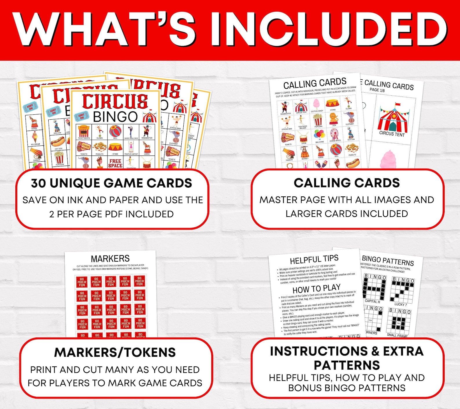 30 Circus Bingo Cards Printable Game, Circus Party Bingo Game Boards ...