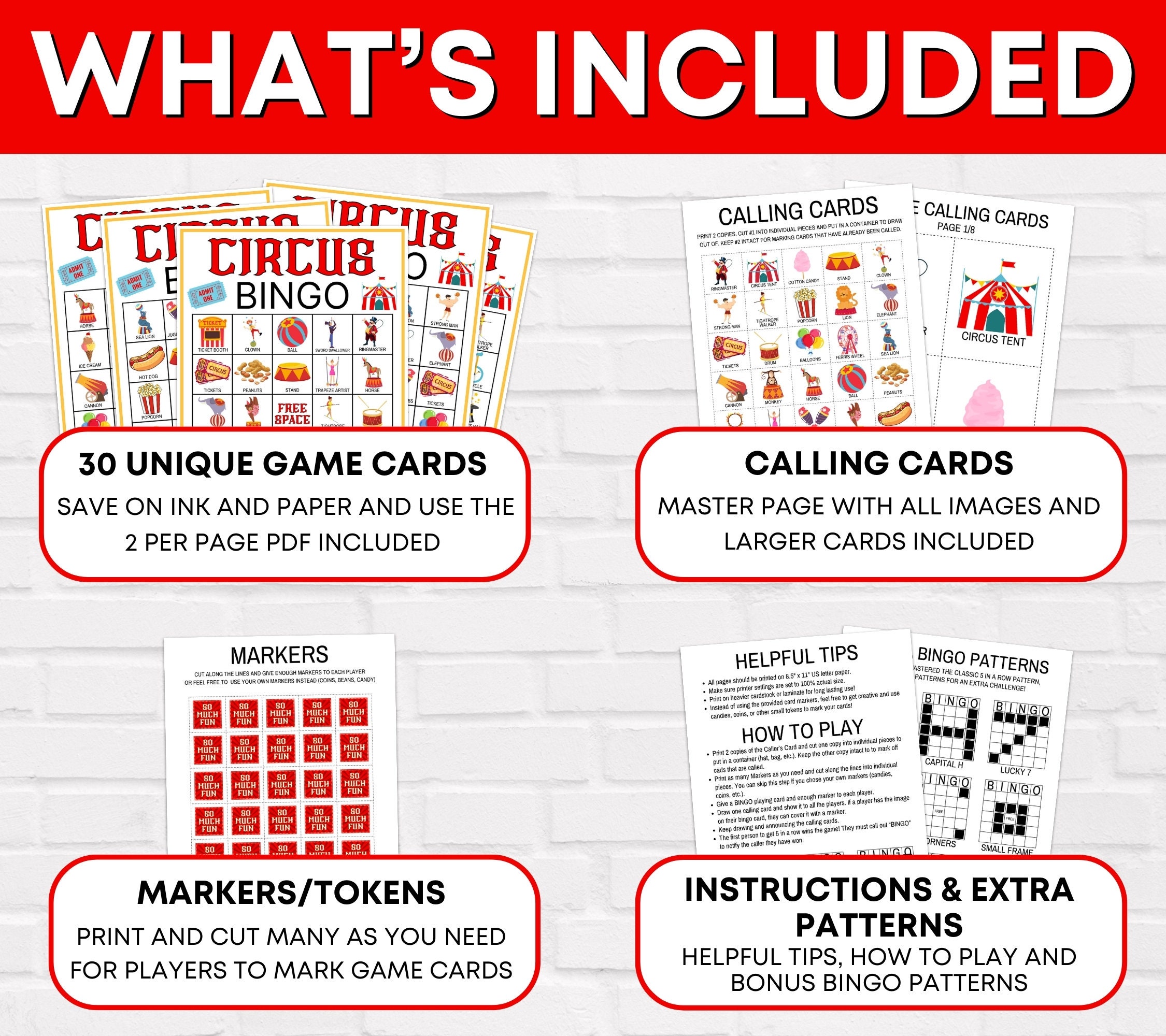 30 Circus Bingo Cards Printable Game, Circus Party Bingo Game Boards ...