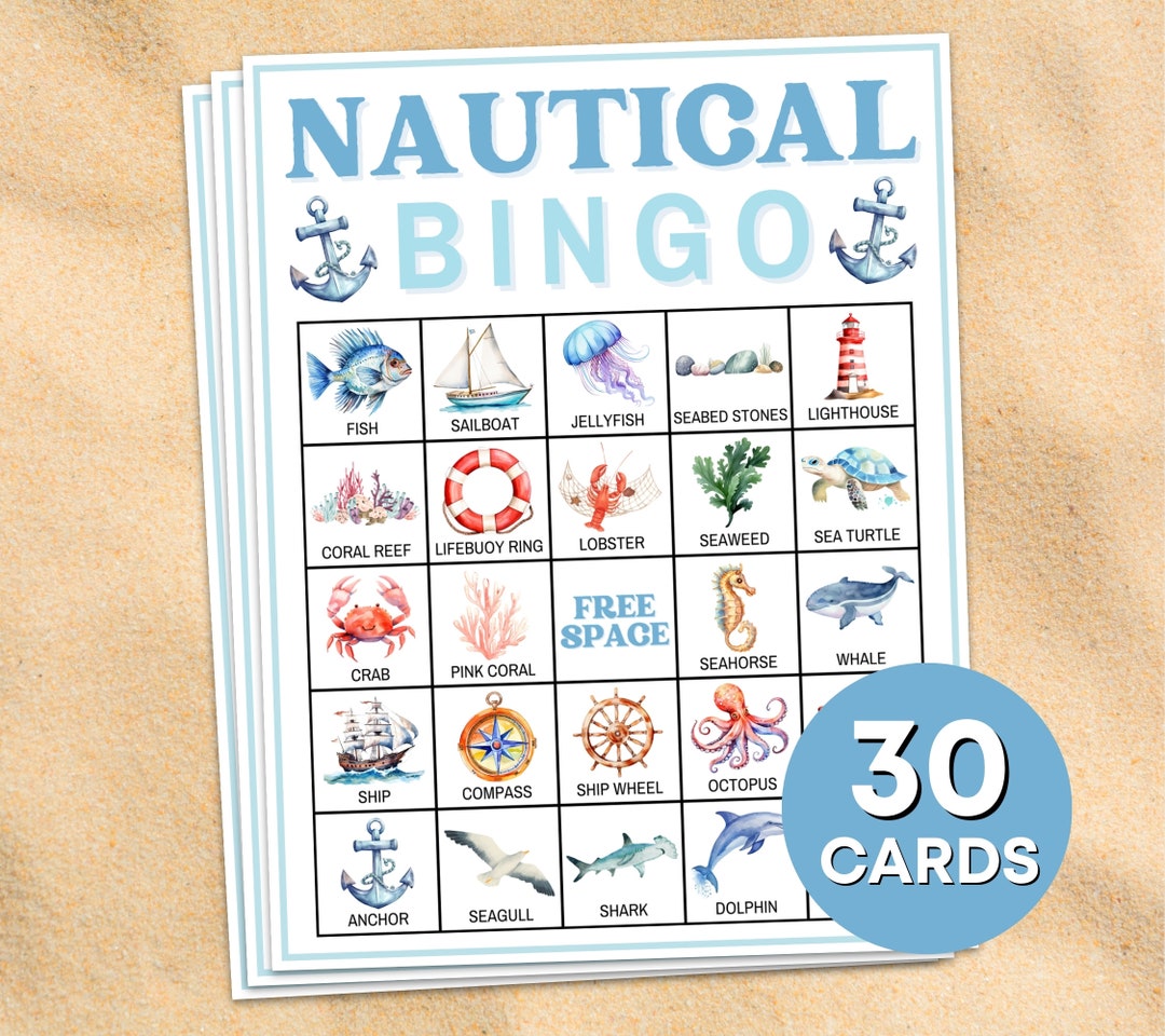 30 Nautical Bingo Cards Printable Game, Ocean Nautical Birthday Party ...