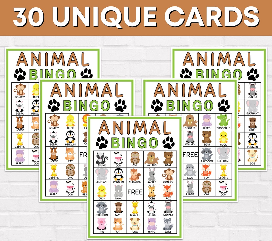 30 Animal Bingo Cards Printable Game, Zoo Baby Animal Bingo Boards ...
