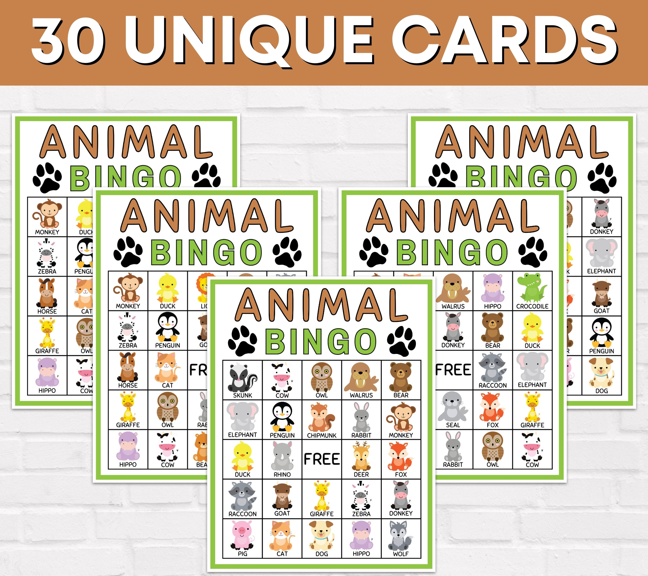 30 Animal Bingo Cards Printable Game, Zoo Baby Animal Bingo Boards ...