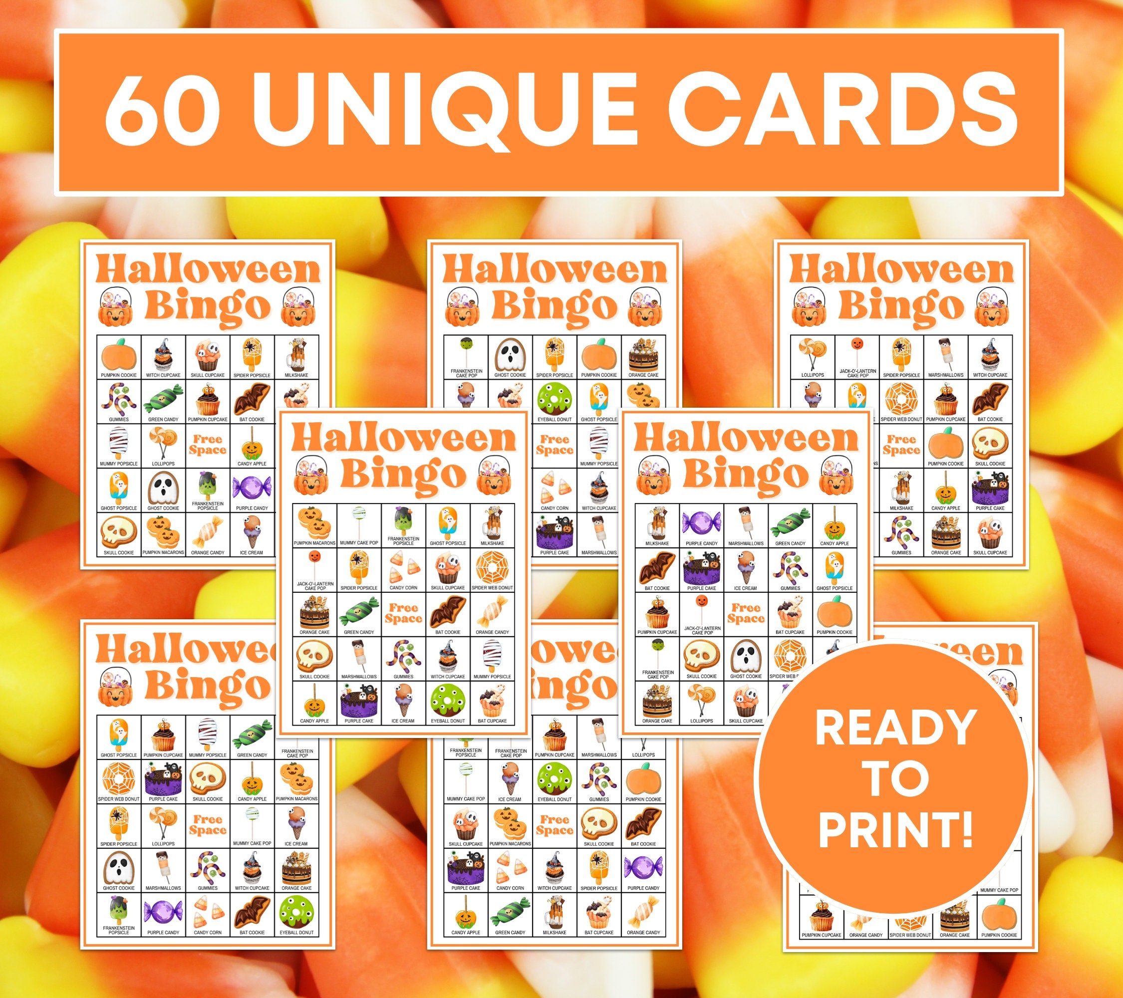 60 Halloween Bingo Cards Printable Game,halloween Fall Bingo Boards ...