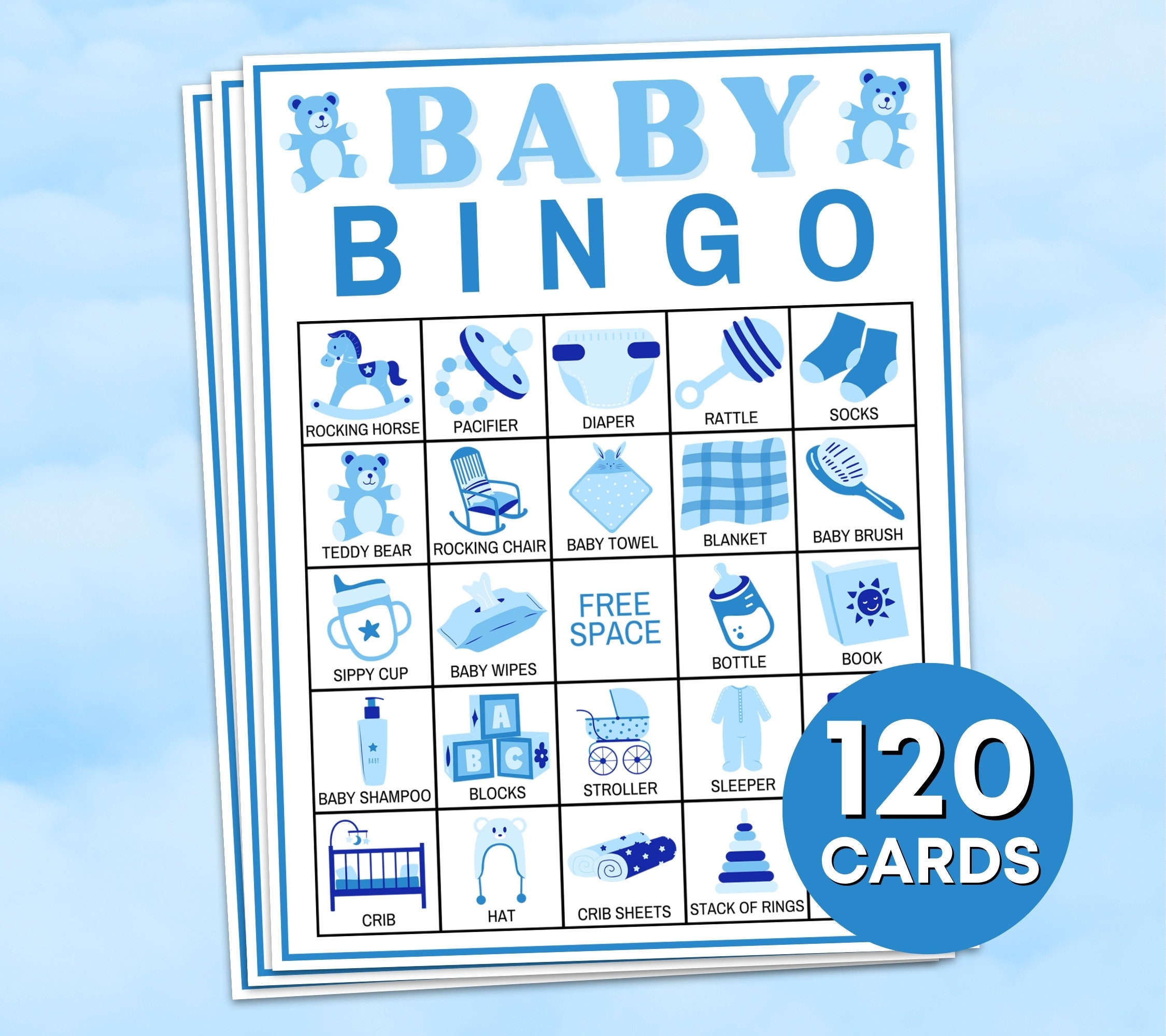 120 Baby Bingo Cards Printable Game, Baby Boy Shower Bingo Game Boards ...