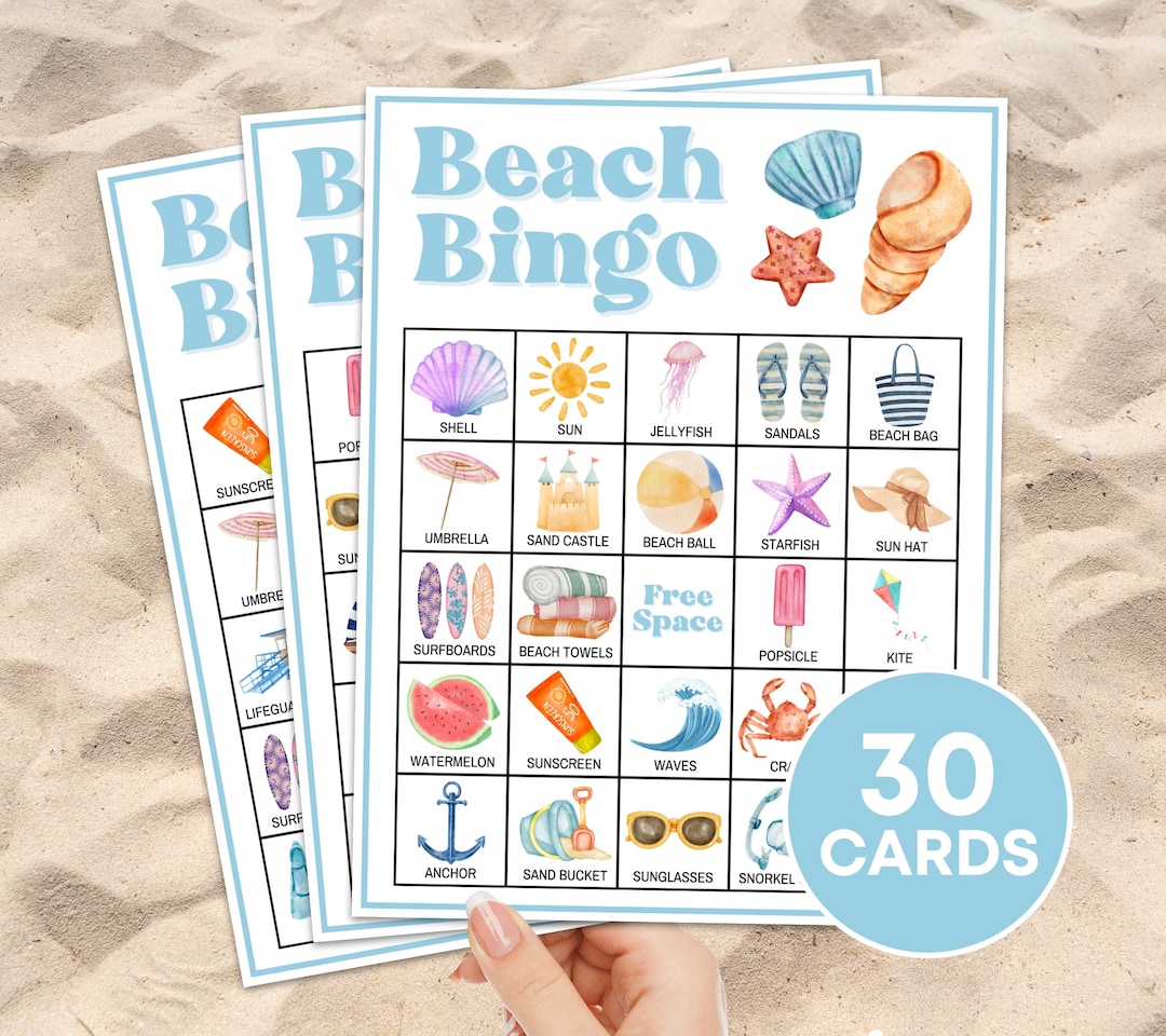 30 Beach Bingo Cards Printable Game, Beach Day Birthday Party Bingo ...