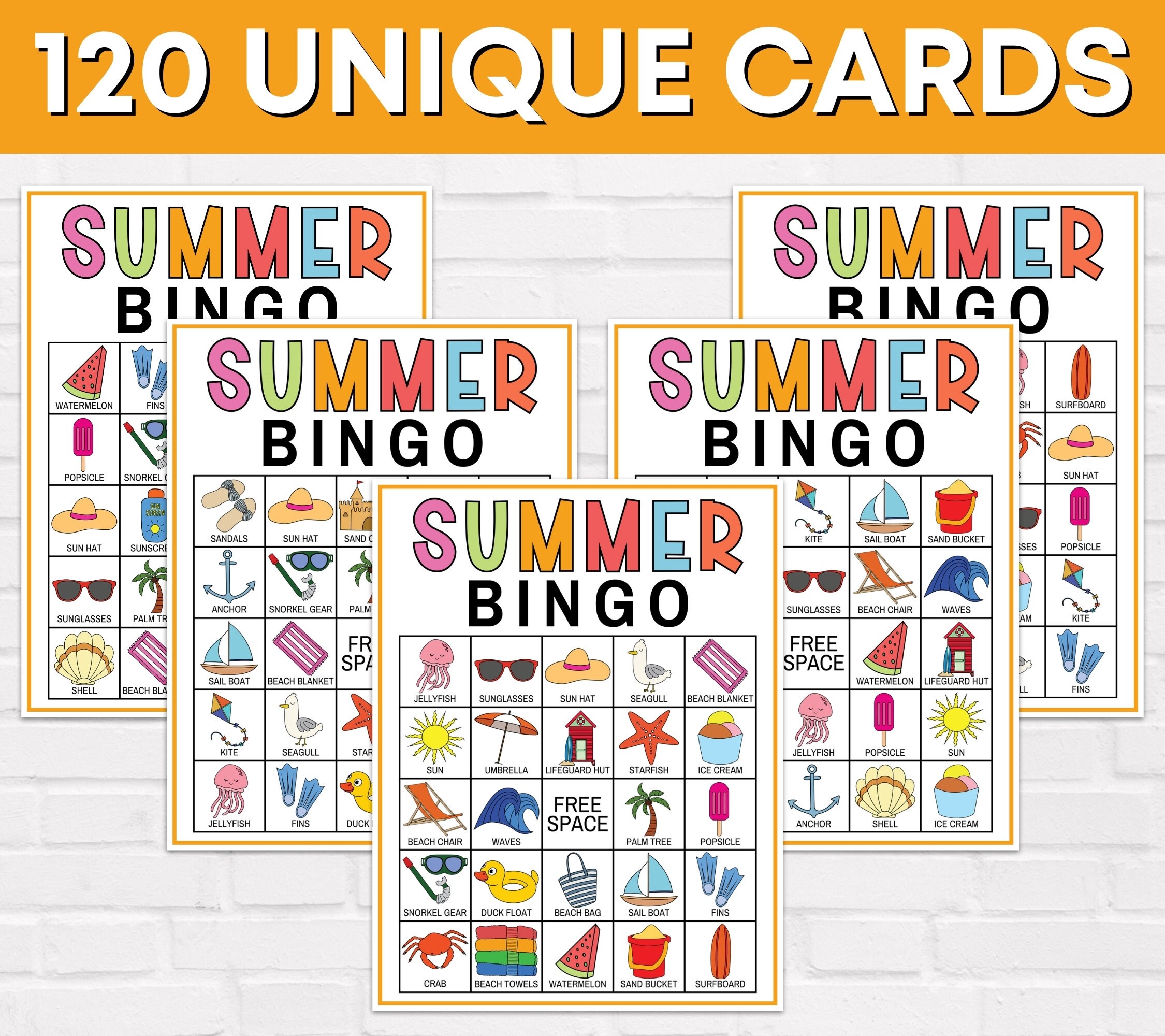 120 Summer Bingo Cards Printable Game, Summer Birthday Party Bingo Game ...