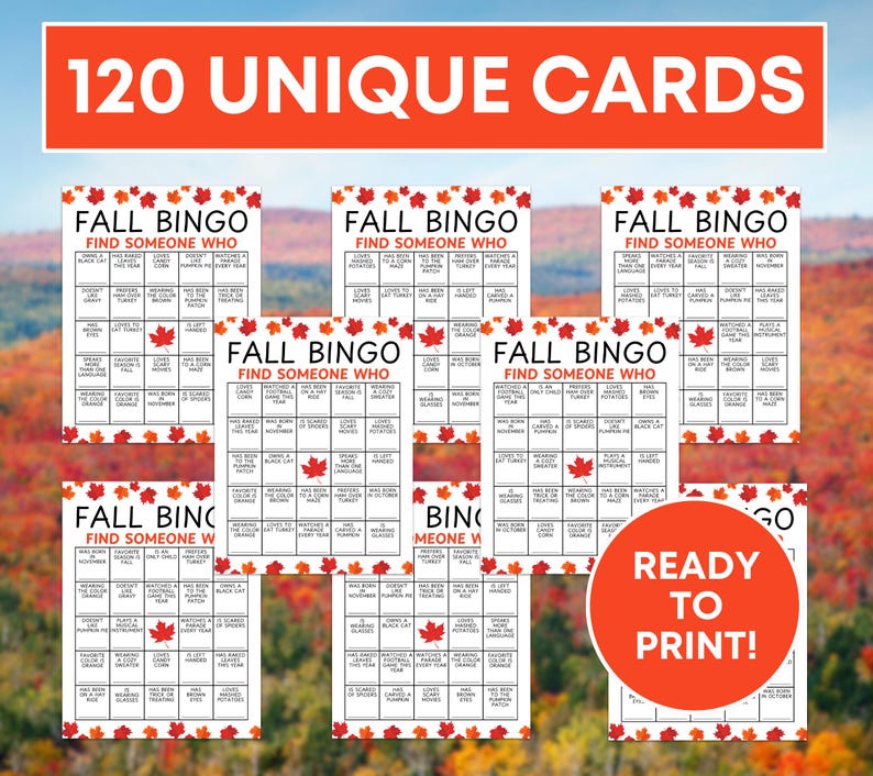 120 Fall Mingle Bingo Cards Printable Game, Fall Autumn Find Someone ...