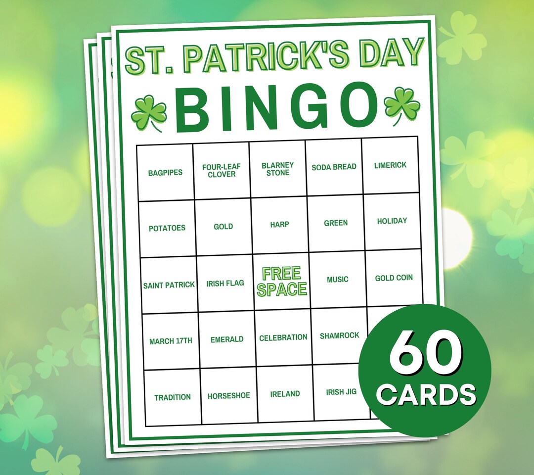 60 St Patricks Day Bingo Cards Game Printable, St Patrick Bingo Board ...