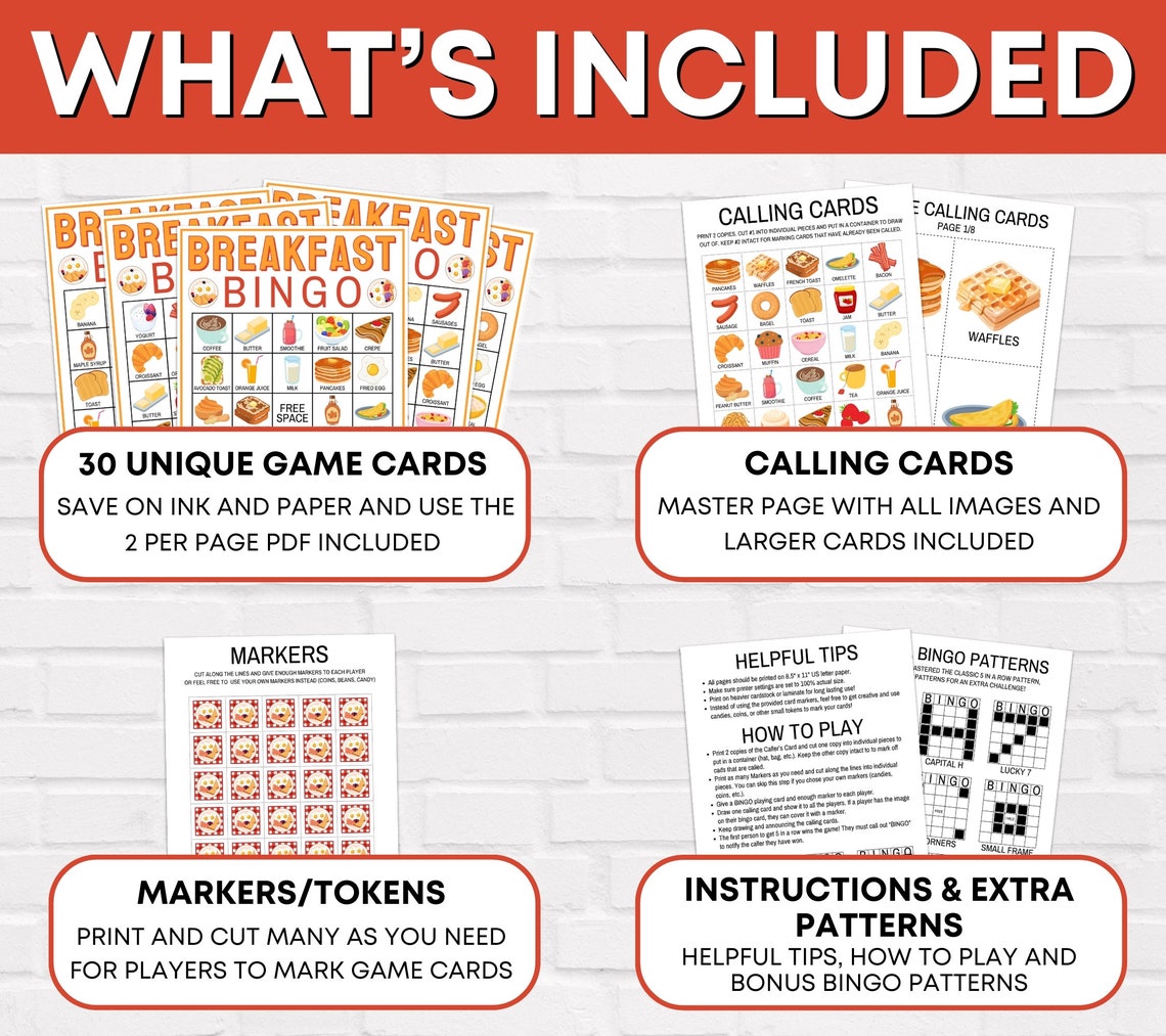 30 Breakfast Bingo Cards Printable Game, Sunday Brunch Bingo Board Game ...