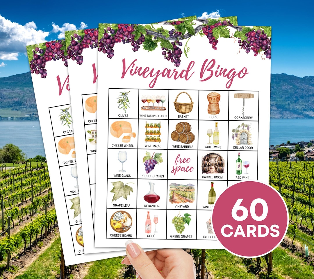 60 Wine Bingo Cards Printable Game, Vineyard Bingo Boards, Winery Bingo ...