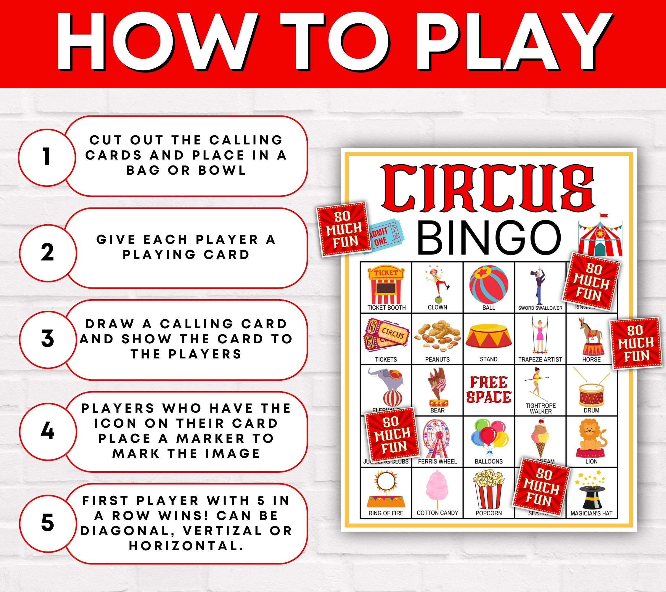 60 Circus Bingo Cards Printable Game, Circus Party Bingo Game Boards ...