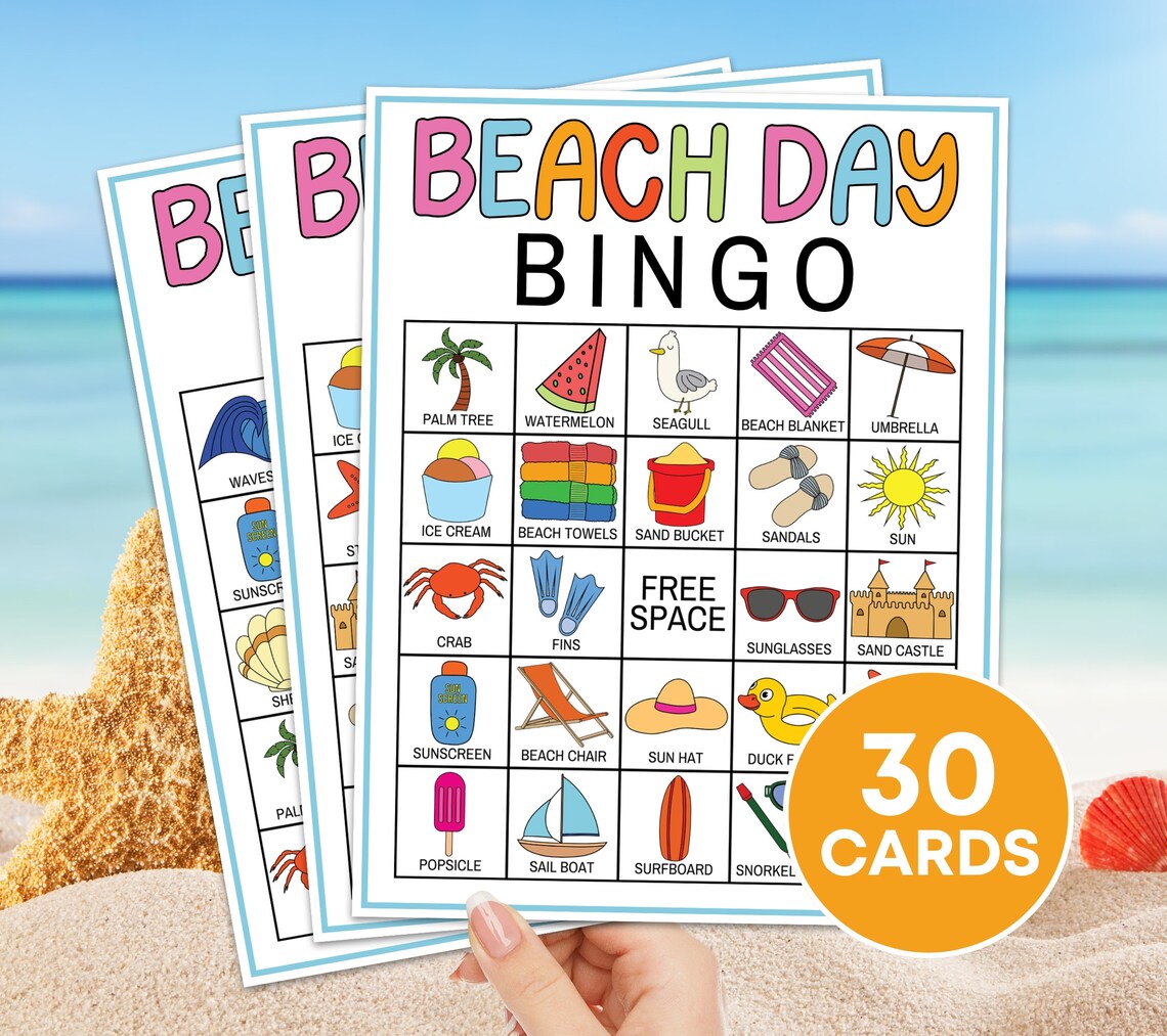 30 Beach Bingo Cards Printable Game, Beach Day Birthday Party Bingo ...