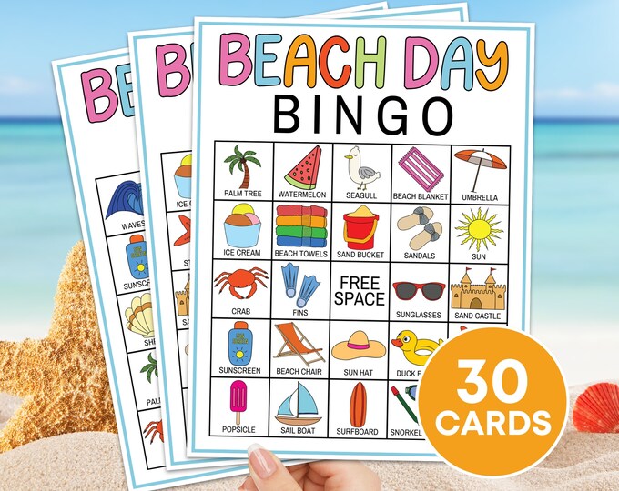 30 Summer Bingo Cards Printable Game, Summer Birthday Party Bingo Game ...