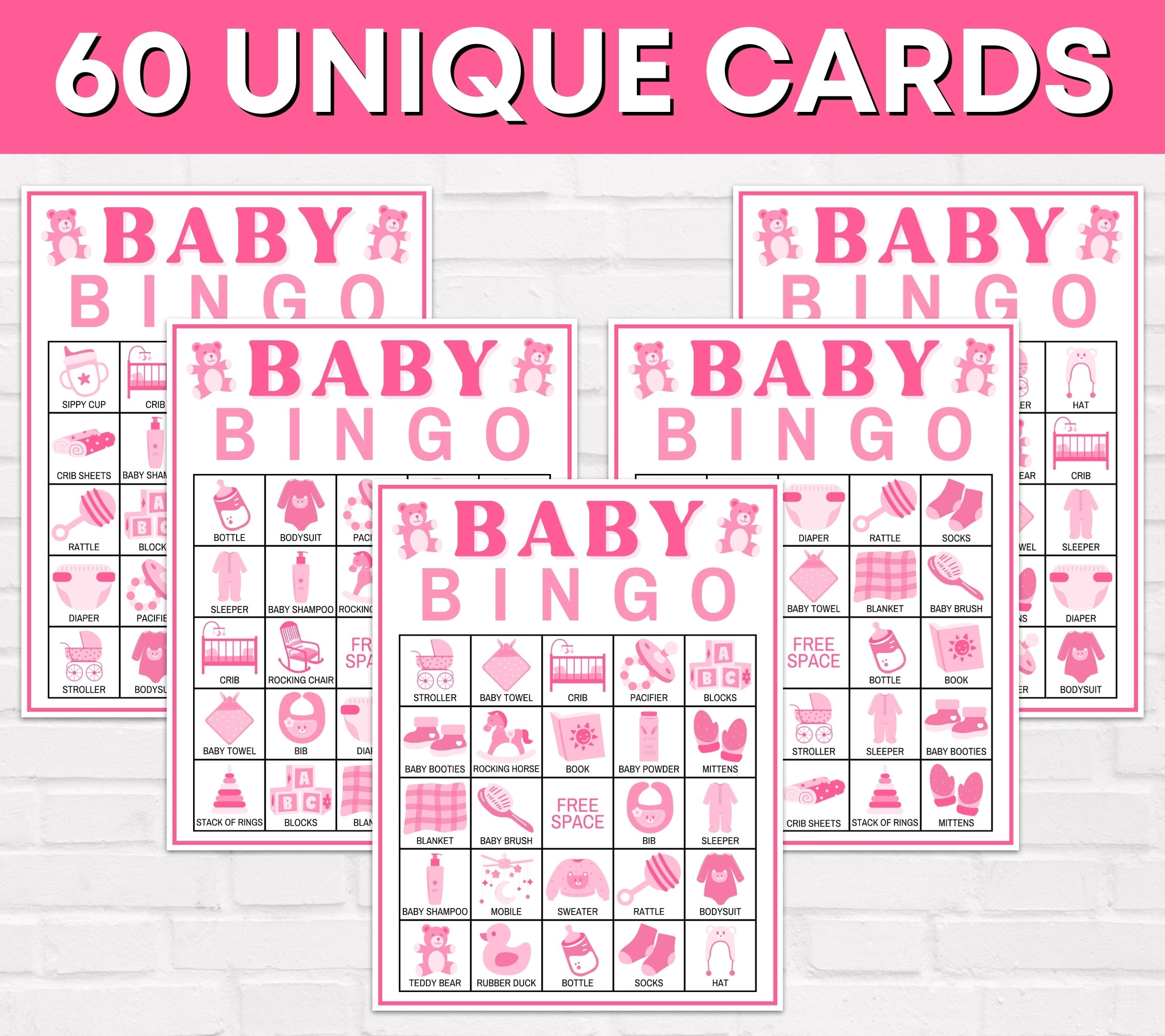 60 Baby Bingo Cards Printable Game, Baby Girl Shower Bingo Game Boards ...