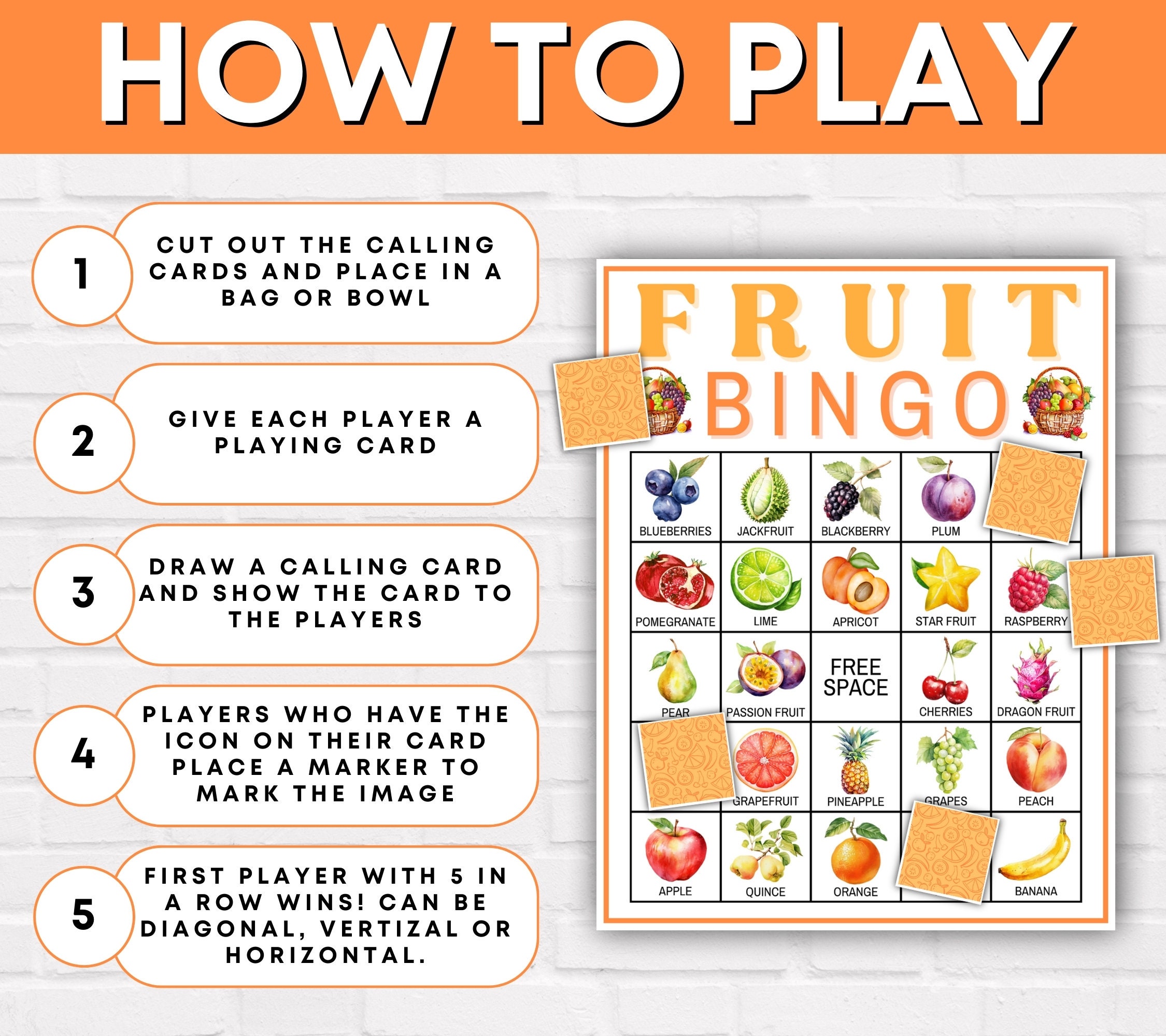60 Fruit Bingo Cards Printable Game, Fruit Bingo Boards Game, Fruit ...