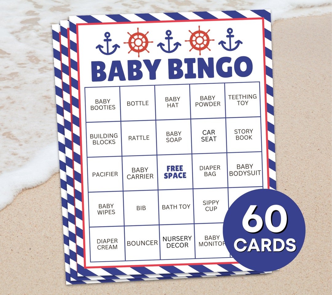 60 Ahoy Nautical Baby Shower Bingo Cards Printable Game, Baby Boy ...