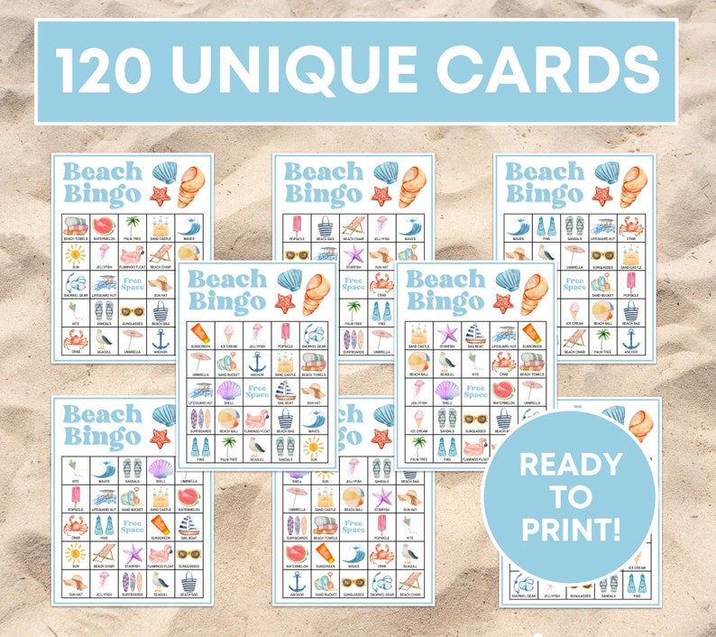120 Beach Bingo Cards Printable Game, Beach Day Birthday Party Bingo ...
