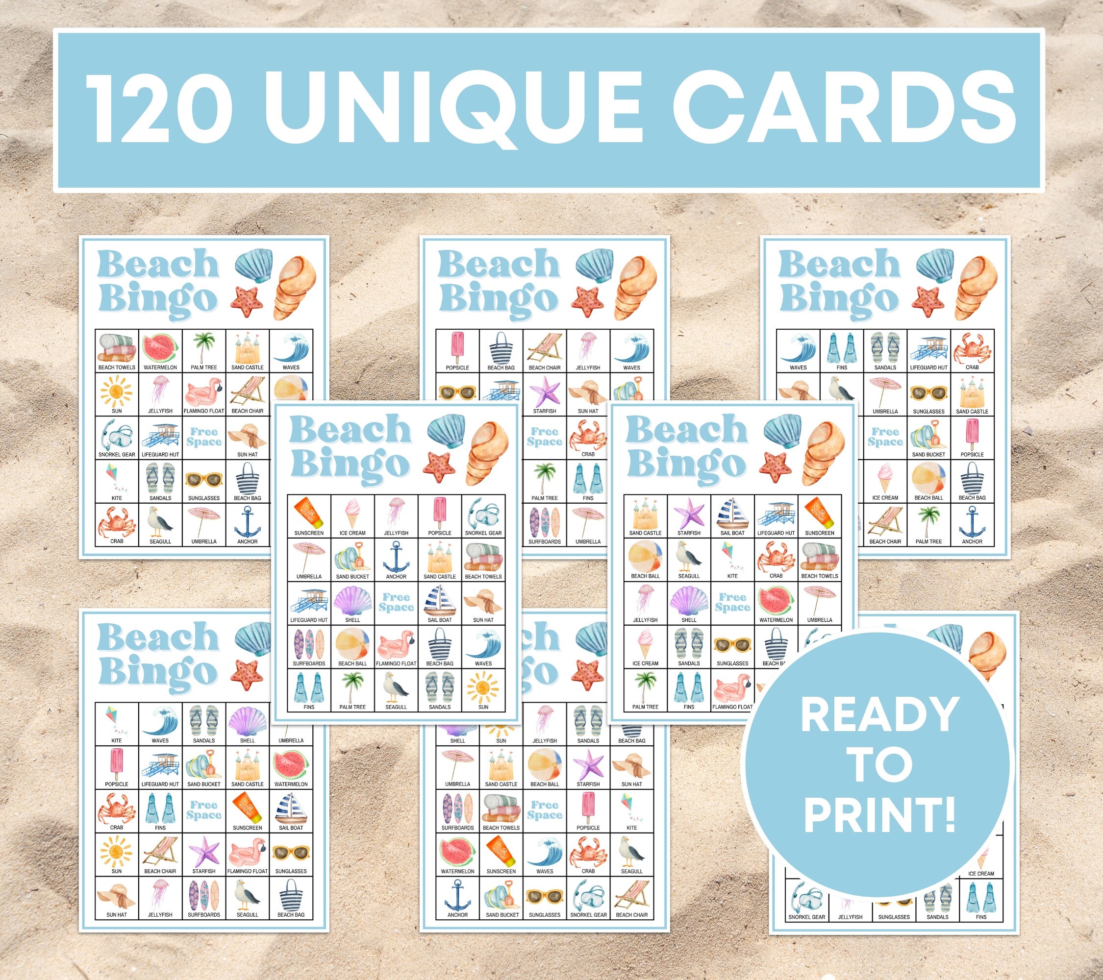 120 Beach Bingo Cards Printable Game, Beach Day Birthday Party Bingo ...