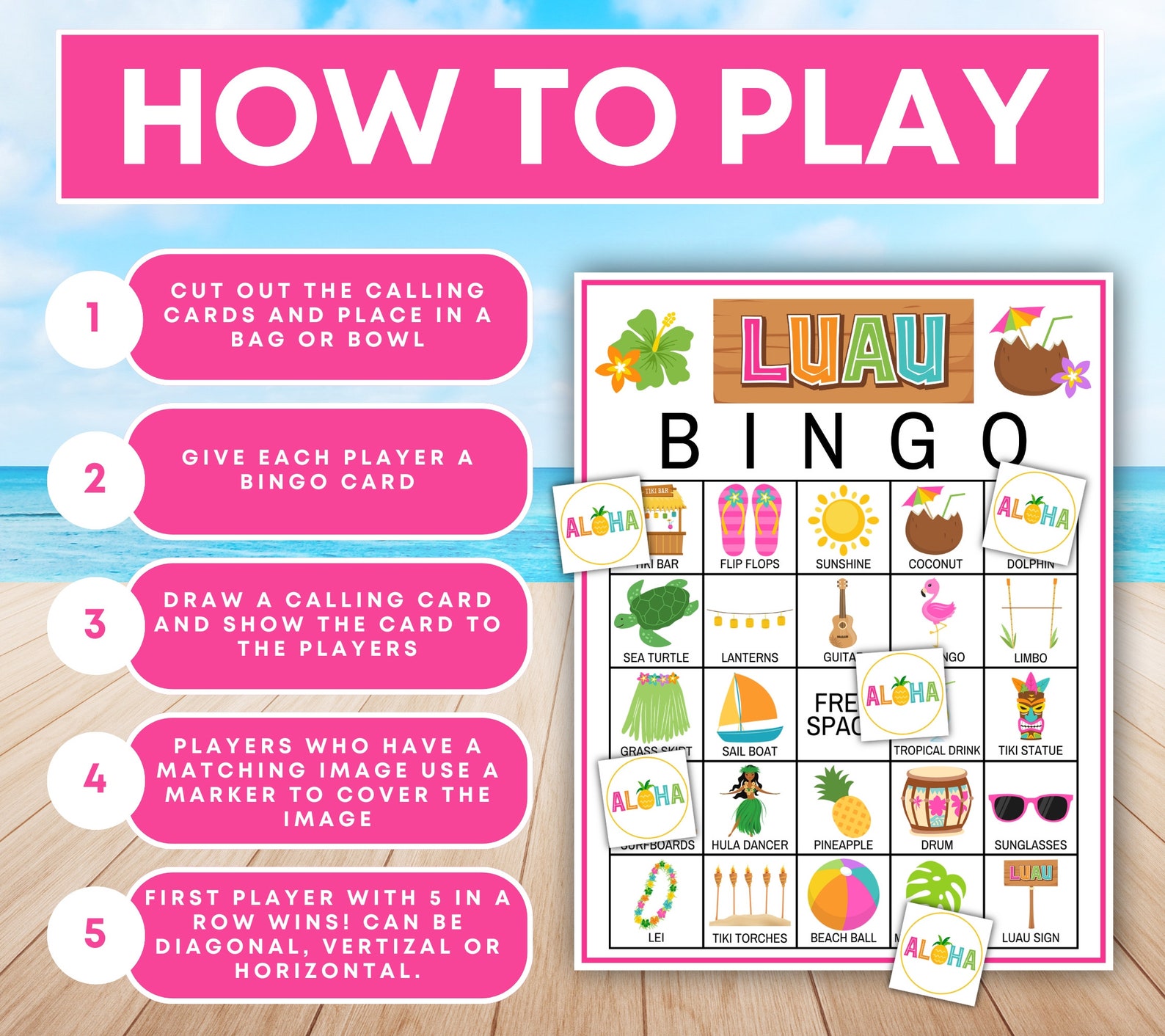 60 Luau Bingo Cards Printable Game, Aloha Hawaiian Birthday Party Bingo ...