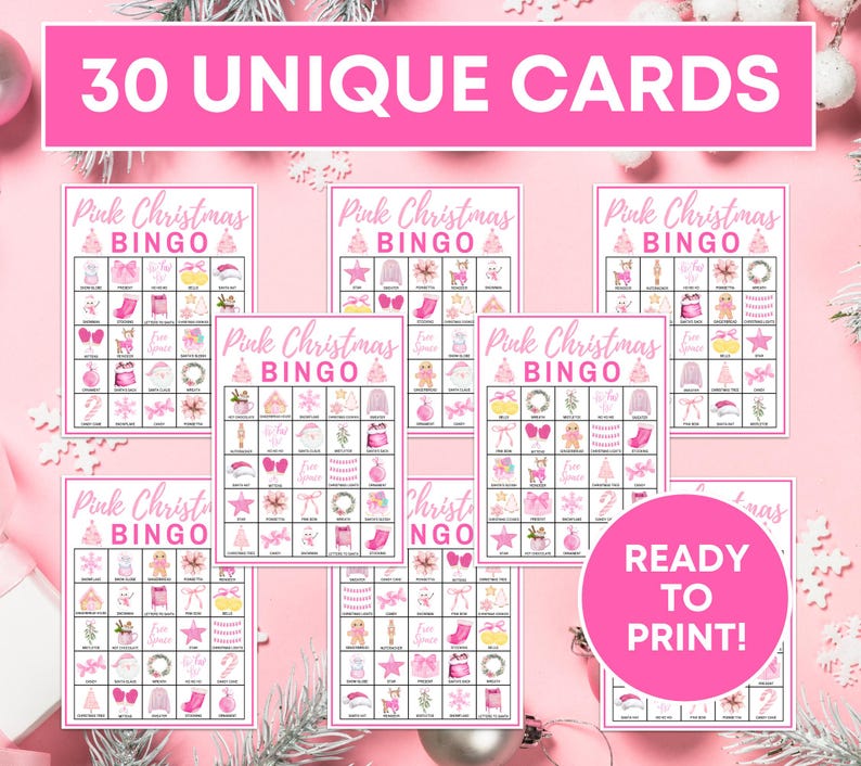 30 Pink Christmas Bingo Card Printable Game,girls Night Christmas Party ...