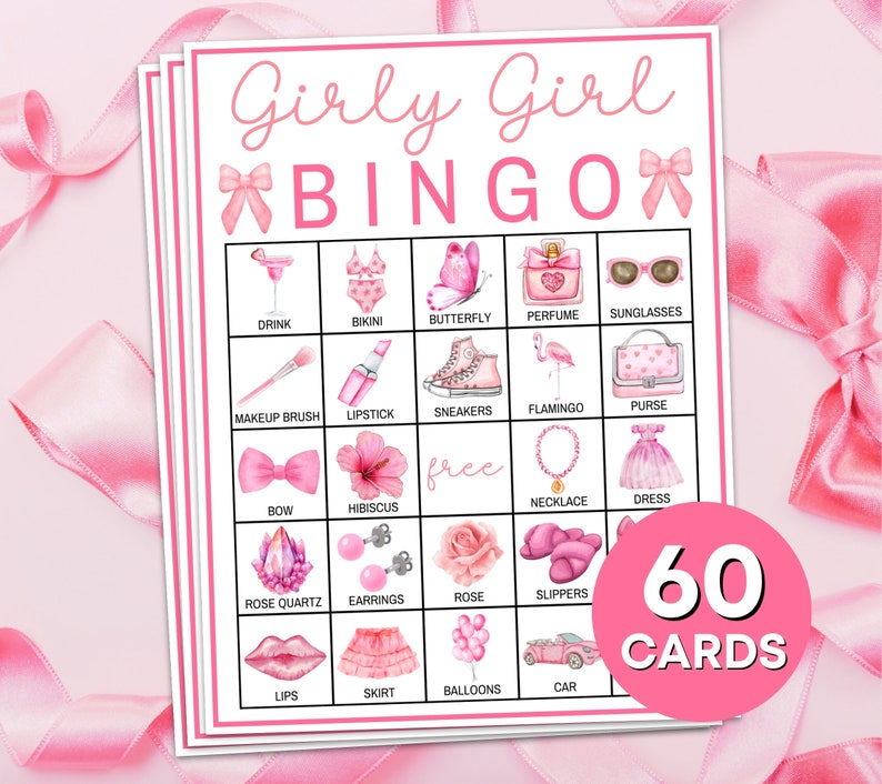 60 Girly Pink Aesthetic Bingo Cards Printable Game, Pink Girl Coquette ...