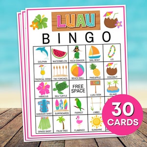 30 Luau Bingo Cards Printable Game, Aloha Hawaiian Birthday Party Bingo ...