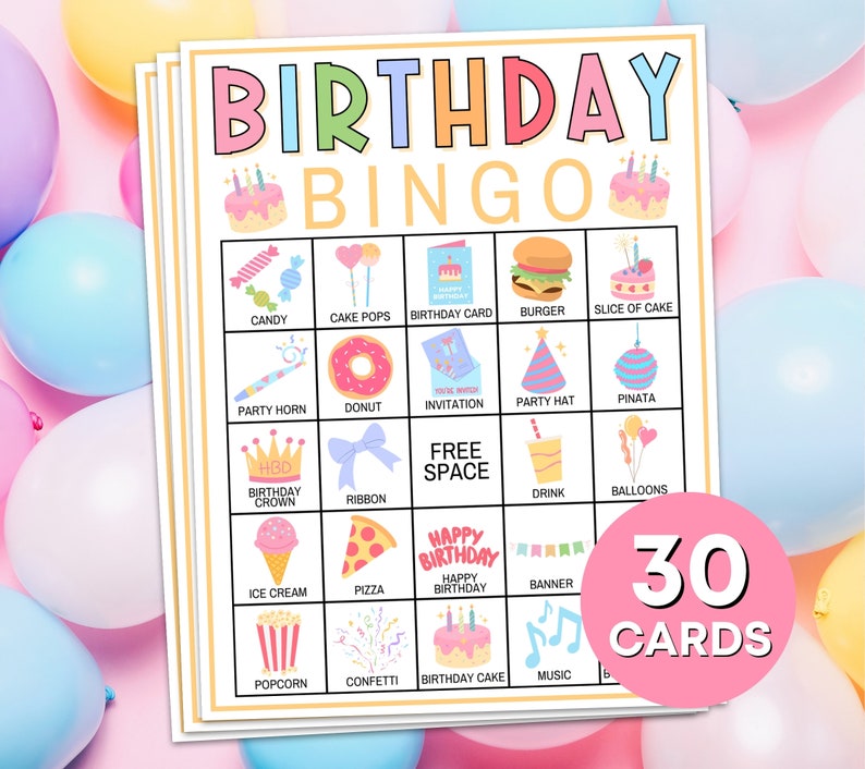 30 Birthday Bingo Cards Printable Game, Pastel Kids Birthday Bingo Boards Party Game, Girls ...