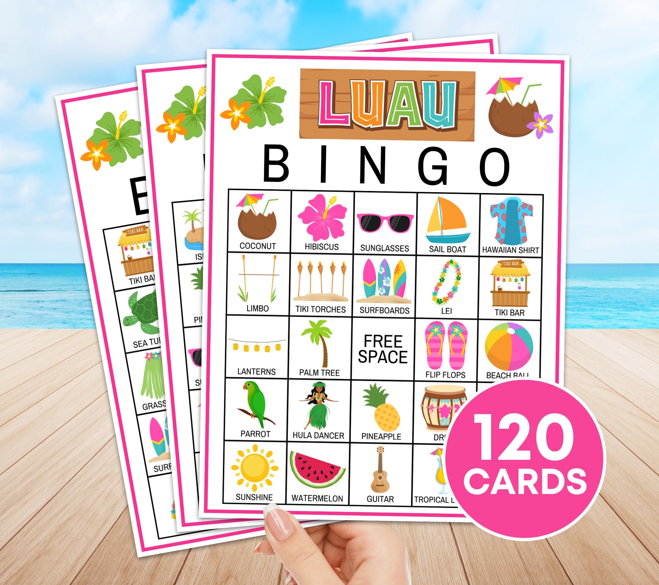 120 Luau Bingo Cards Printable Game, Aloha Hawaiian Birthday Party ...