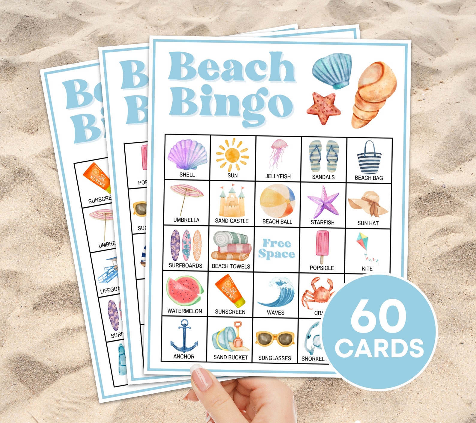 60 Beach Bingo Cards Printable Game, Beach Day Birthday Party Bingo ...