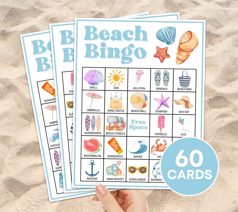 60 Beach Bingo Cards Printable Game, Beach Day Birthday Party Bingo ...