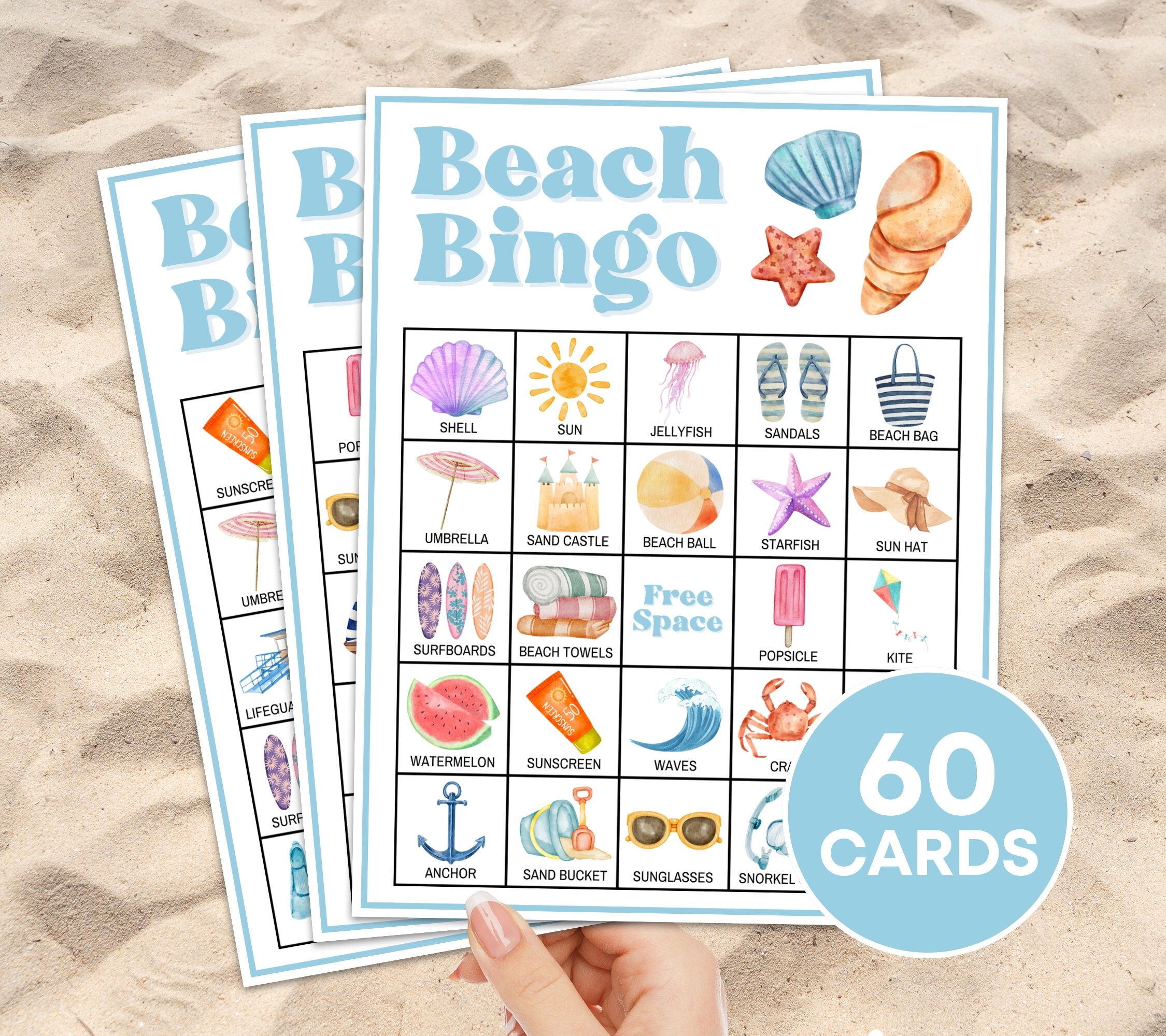 60 Beach Bingo Cards Printable Game, Beach Day Birthday Party Bingo ...