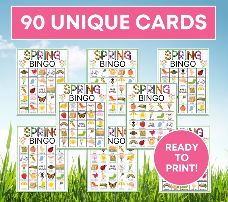 90 Spring Bingo Cards Printable Game, Spring Bingo Kids Classroom ...