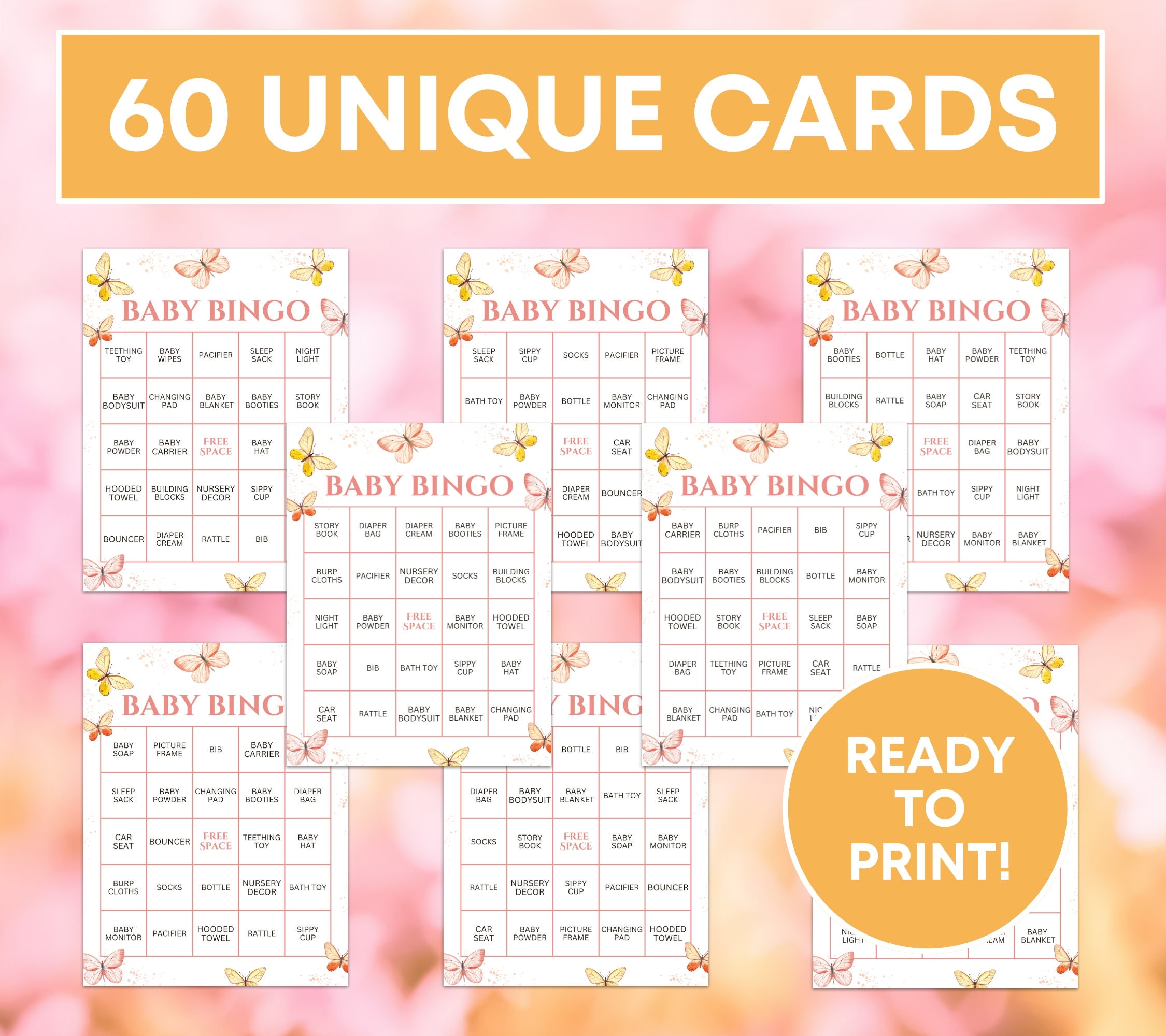 60 Butterflies Baby Shower Bingo Cards Printable Game, Baby Butterfly ...
