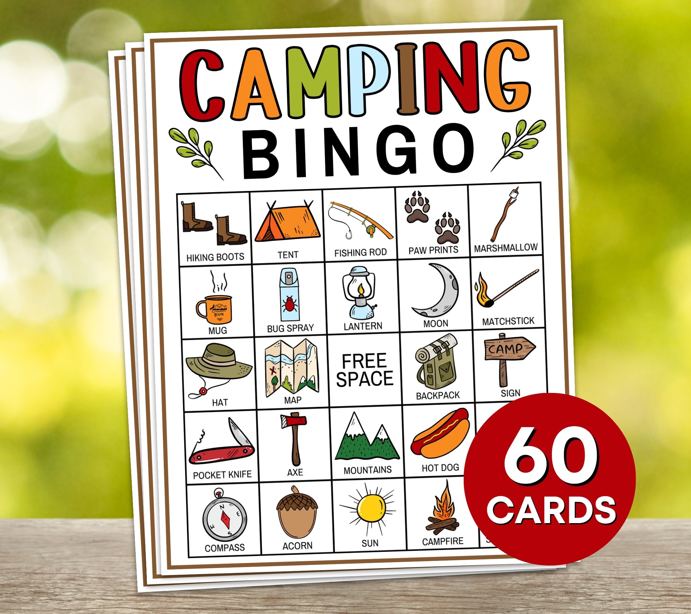 60 Camping Bingo Cards Printable Game, Camping Party Bingo Game ...